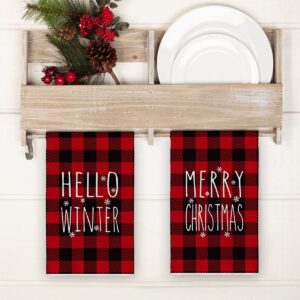 Artoid Mode Buffalo Plaid Merry Christmas Kitchen Towels Dish Towels, 18x26 Inch Hello Winter Seasonal Decoration Hand Towels Set of 2