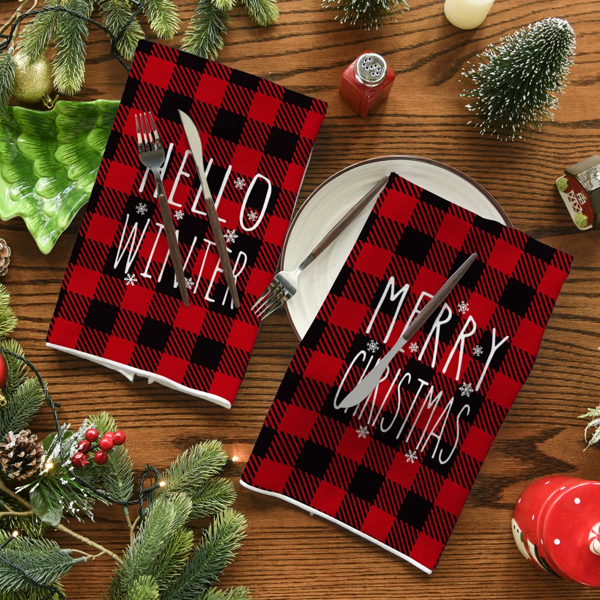 Artoid Mode Buffalo Plaid Merry Christmas Kitchen Towels Dish Towels, 18x26 Inch Hello Winter Seasonal Decoration Hand Towels Set of 2