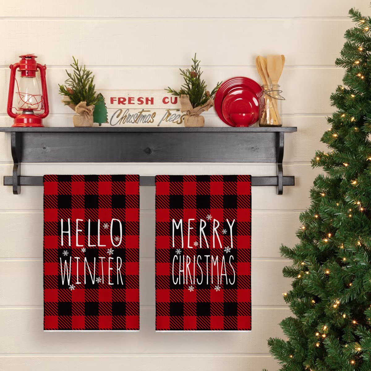 Artoid Mode Buffalo Plaid Merry Christmas Kitchen Towels Dish Towels, 18x26 Inch Hello Winter Seasonal Decoration Hand Towels Set of 2