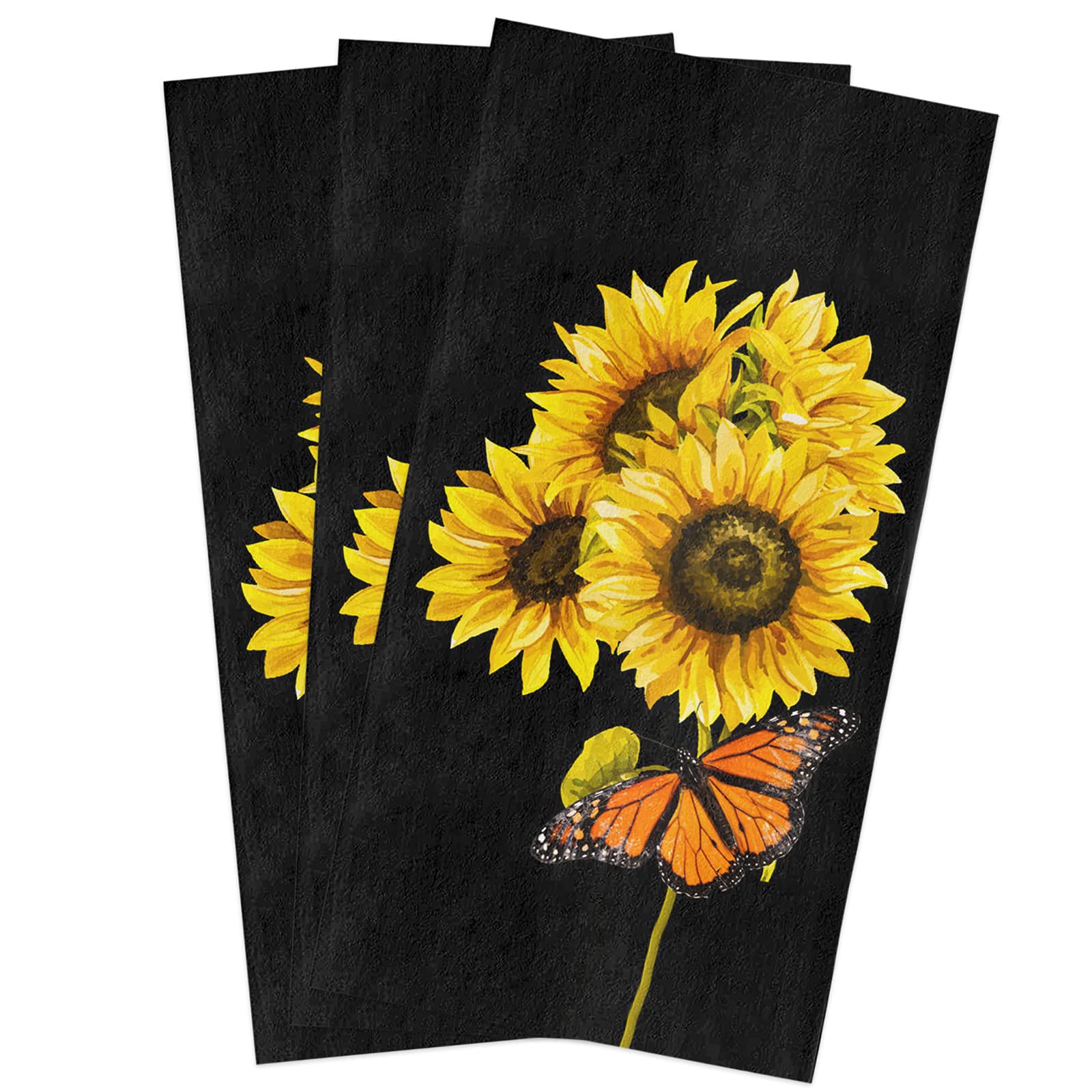 Kitchen Dish Towels 3 Pack-Super Absorbent Soft Microfiber,Abstract Sunflower Monarch Butterfly Black Pattern Cleaning Dishcloth Hand Towels Tea Towels for Kitchen Bathroom Bar