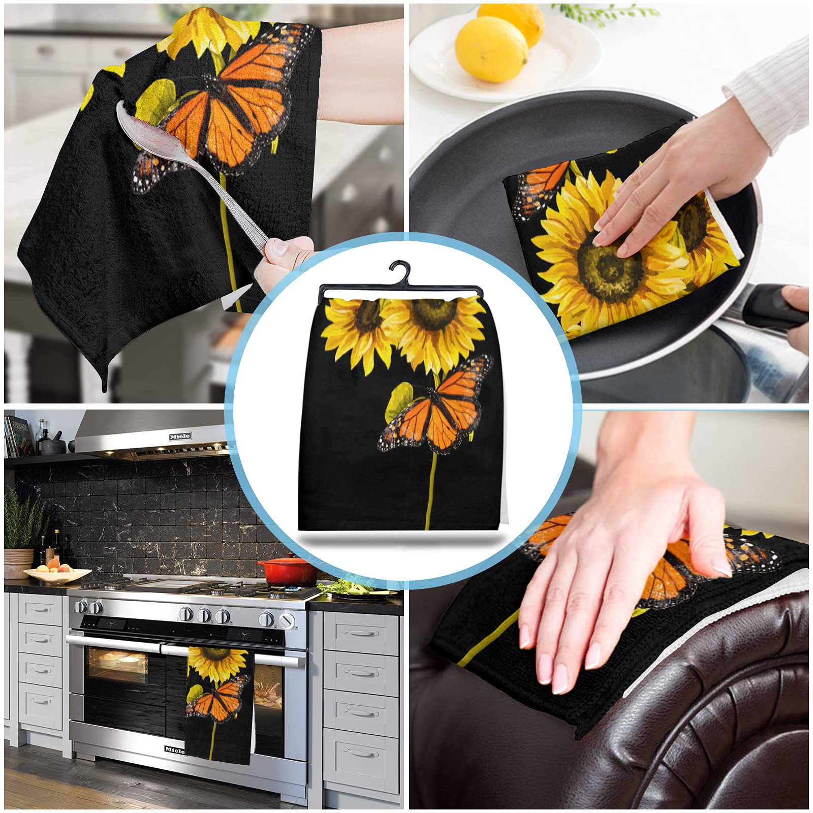 Kitchen Dish Towels 3 Pack-Super Absorbent Soft Microfiber,Abstract Sunflower Monarch Butterfly Black Pattern Cleaning Dishcloth Hand Towels Tea Towels for Kitchen Bathroom Bar