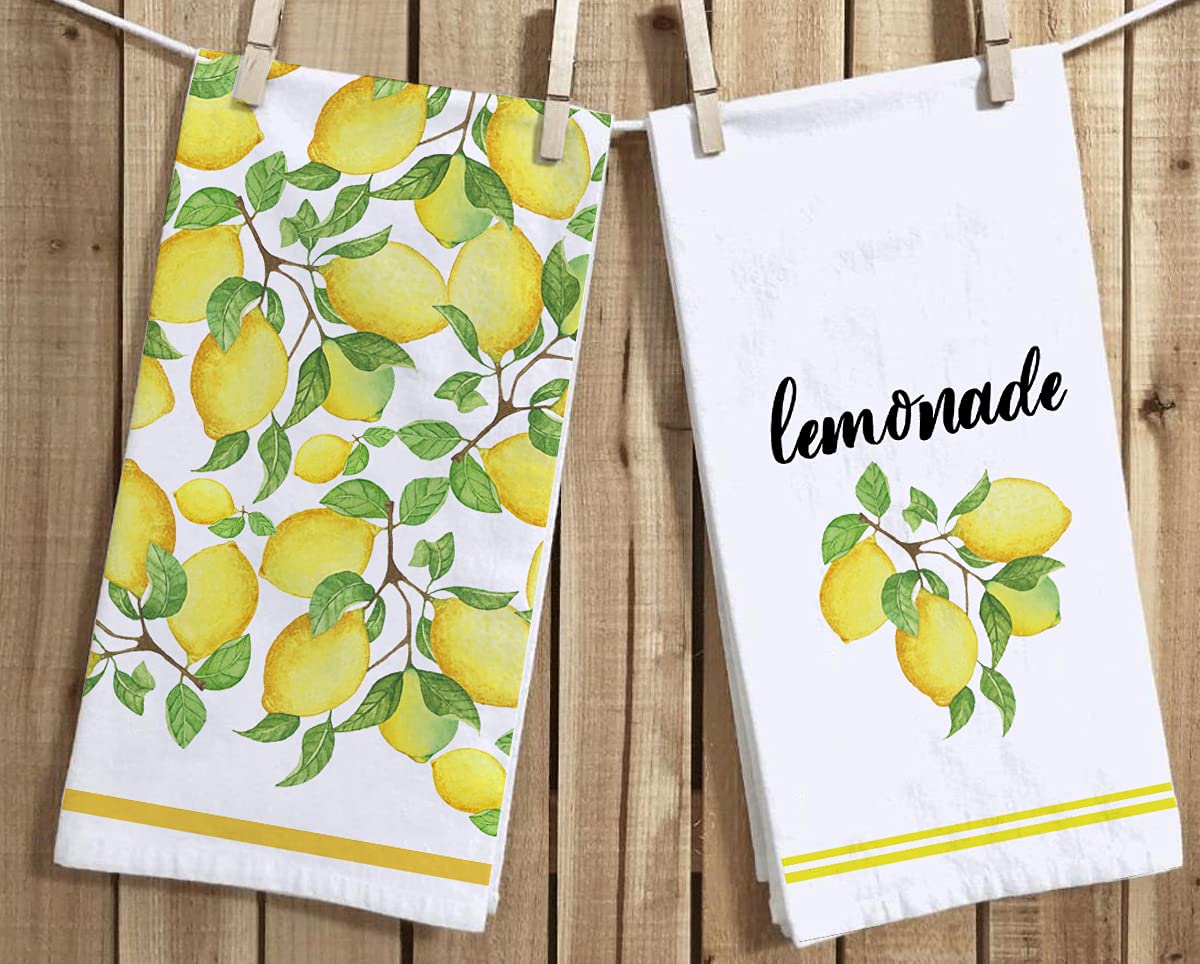 Watercolor Lemon Kitchen Dish Towel 18 x 28 Inch, Seasonal Spring Summer Lemonade Tea Towels Dish Cloth for Cooking Baking Set of 2