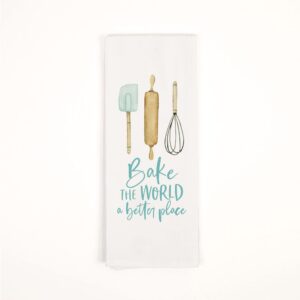 p. graham dunn bake the world a better place classic white 28 x 16 cotton fabric dish tea towel