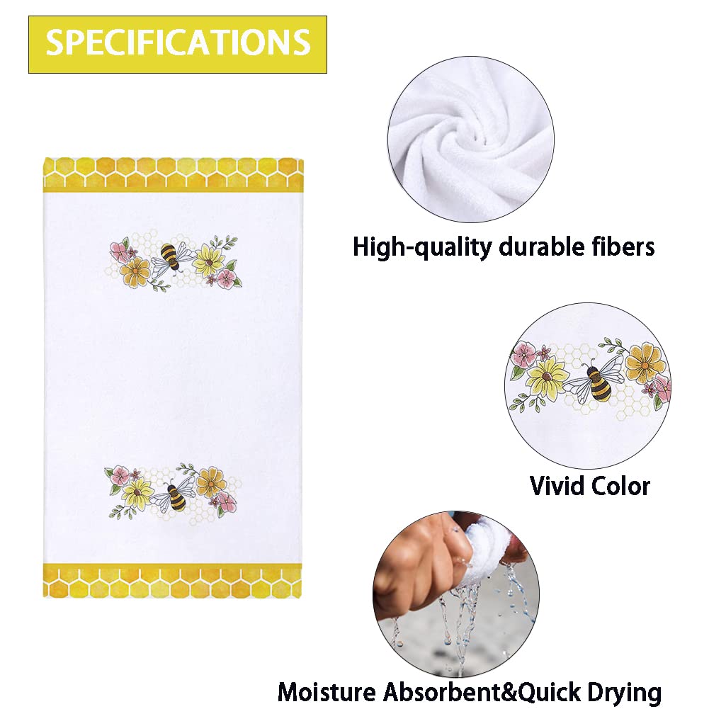 Watercolor Bee Flowers Kitchen Dish Towel 18 x 28 Inch, Honey Jar Summer Towels Dish Cloth for Cooking Baking Set of 2