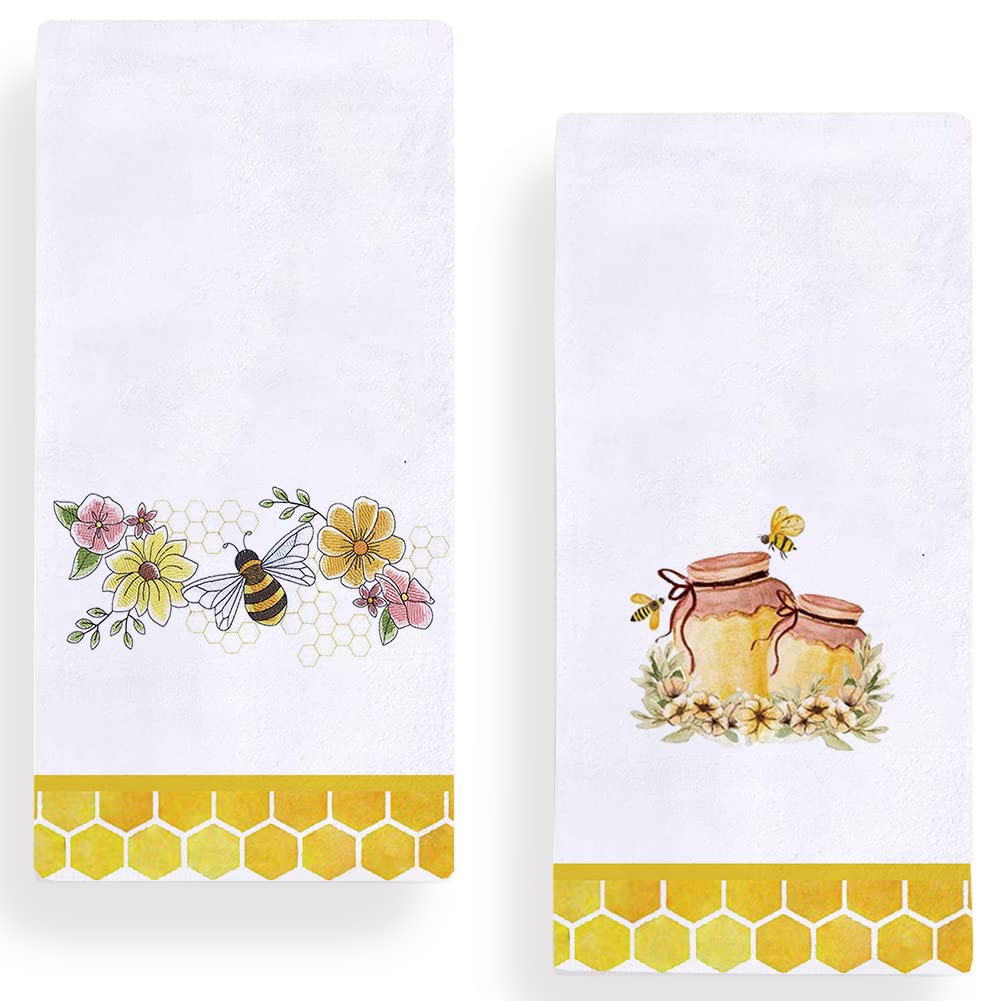 Watercolor Bee Flowers Kitchen Dish Towel 18 x 28 Inch, Honey Jar Summer Towels Dish Cloth for Cooking Baking Set of 2