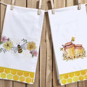 Watercolor Bee Flowers Kitchen Dish Towel 18 x 28 Inch, Honey Jar Summer Towels Dish Cloth for Cooking Baking Set of 2