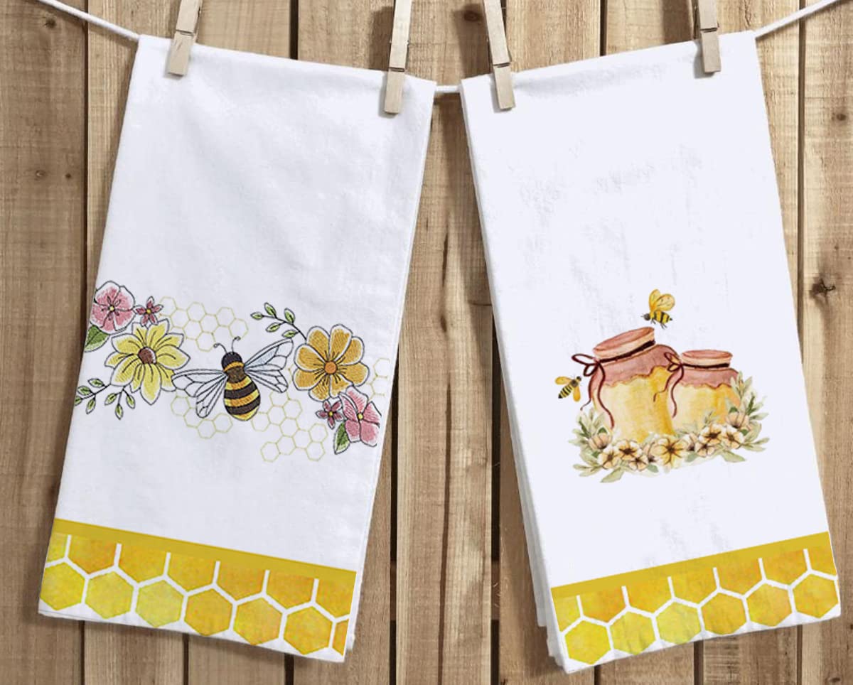 Watercolor Bee Flowers Kitchen Dish Towel 18 x 28 Inch, Honey Jar Summer Towels Dish Cloth for Cooking Baking Set of 2