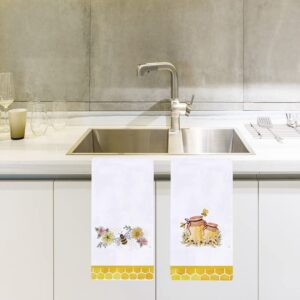 Watercolor Bee Flowers Kitchen Dish Towel 18 x 28 Inch, Honey Jar Summer Towels Dish Cloth for Cooking Baking Set of 2