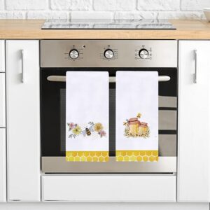 Watercolor Bee Flowers Kitchen Dish Towel 18 x 28 Inch, Honey Jar Summer Towels Dish Cloth for Cooking Baking Set of 2