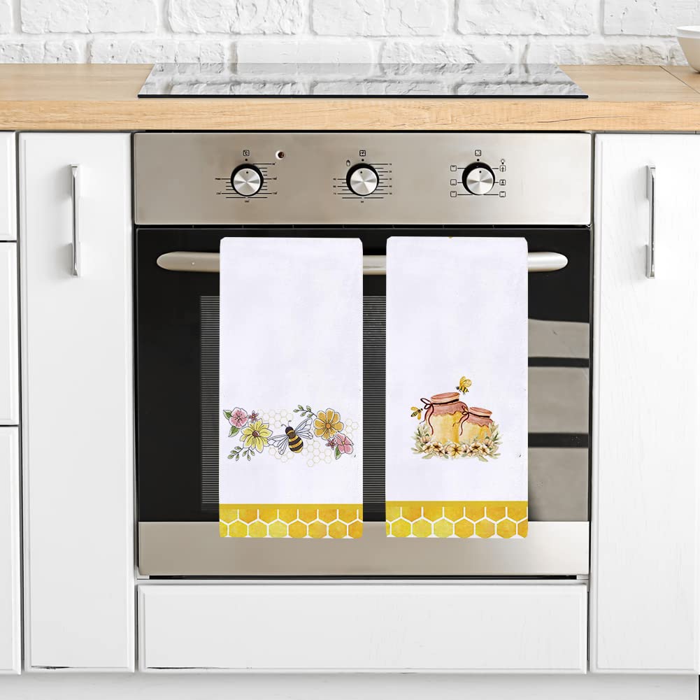 Watercolor Bee Flowers Kitchen Dish Towel 18 x 28 Inch, Honey Jar Summer Towels Dish Cloth for Cooking Baking Set of 2