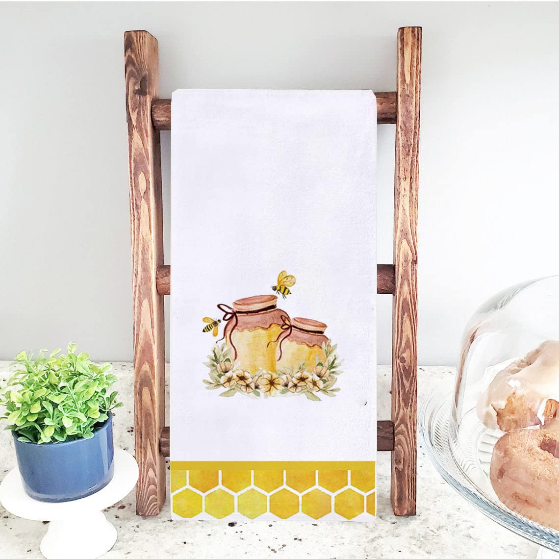 Watercolor Bee Flowers Kitchen Dish Towel 18 x 28 Inch, Honey Jar Summer Towels Dish Cloth for Cooking Baking Set of 2