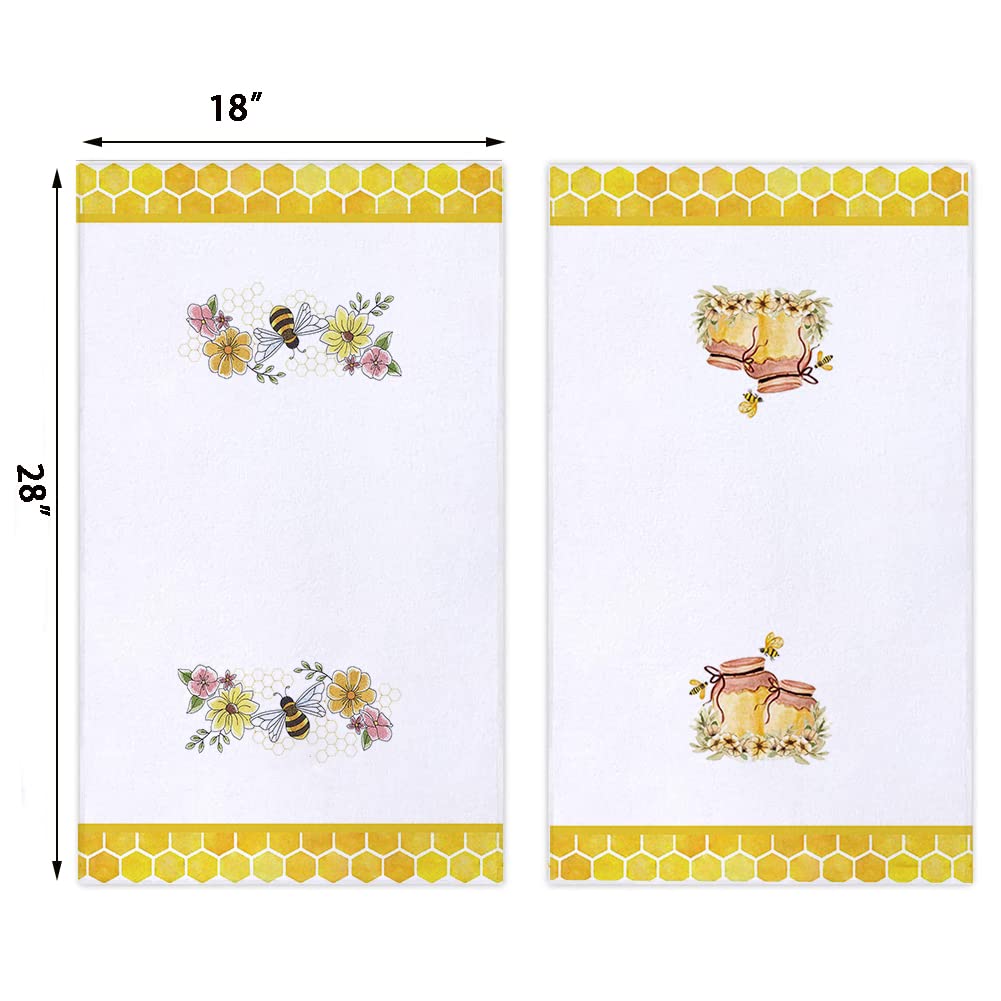 Watercolor Bee Flowers Kitchen Dish Towel 18 x 28 Inch, Honey Jar Summer Towels Dish Cloth for Cooking Baking Set of 2