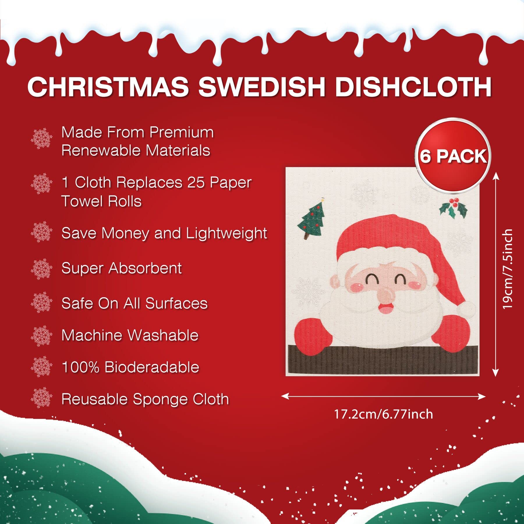 eZAKKA Christmas Swedish Dishcloths for Kitchen, Dish Cloths for Washing Dishes, Swedish Cloths Christmas 6 Pack, Washable & Reusable Paper Towels, Original Made in Sweden