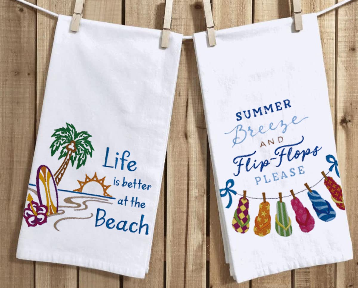 Summer Beach Kitchen Dish Towels, 18 x 28 Inch Life is Better at The Beach Summer Tea Towels for Cooking Baking Set of 2