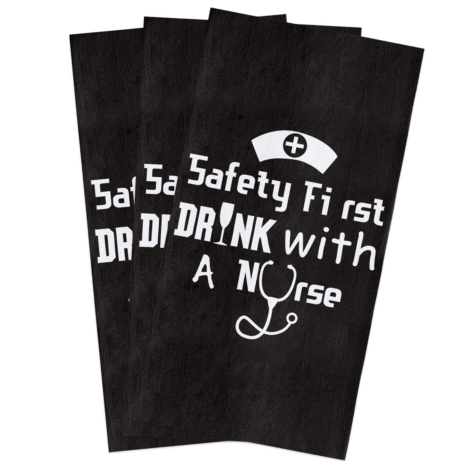 Cotton Kitchen Towels Dishcloth Nurse Cap Safety Frist Drink with a Nurse Black Absorbent Kitchen Dish Towels-Reusable Cleaning Cloths for Kitchen,Tea Towels/Bar Towels/Hand Towels,18x28inch 3 Pack