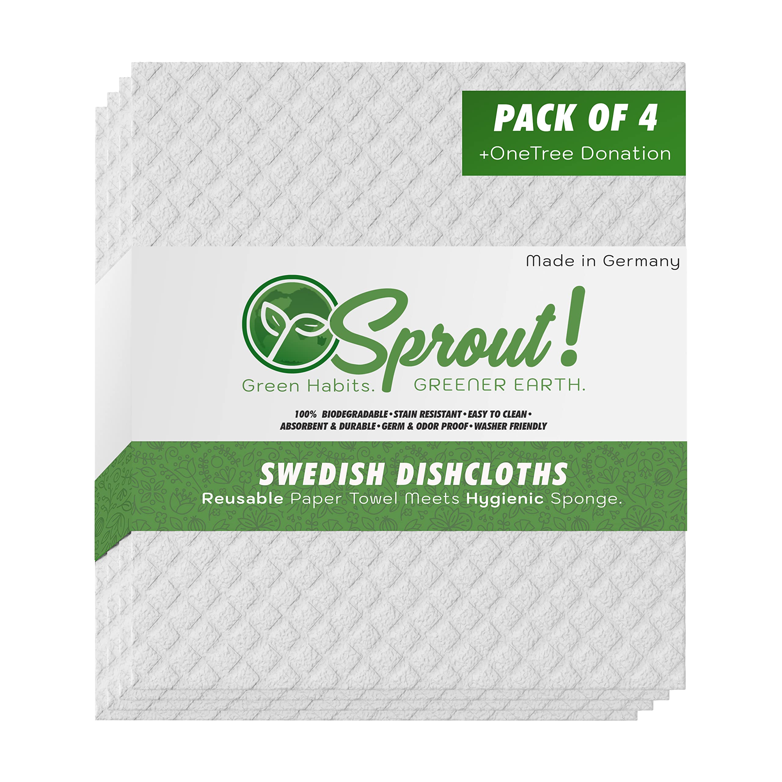 Sprout! Swedish Dishcloths for Kitchen, Household & Commercial Cleaning | Durable & Reusable Cellulose Sponge Cloths with Laundry Bag | Absorbent & Hygienic Paper Towel Replacement | Pack of 10