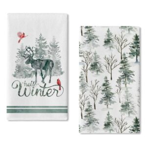 seliem hello winter watercolor pine trees kitchen dish towel set of 2, cardinal reindeer blue grey hand drying baking cooking cloth, red bird farmhouse snow holiday decor home decoration 18 x 26 inch