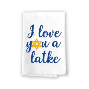 honey dew gifts, i love you a latke, 27 x 27 inch, made in usa, cotton white flour sack towel, funny jewish gifts, jewish decor, hanukkah accessories, hanukkah decor, holiday dish towel