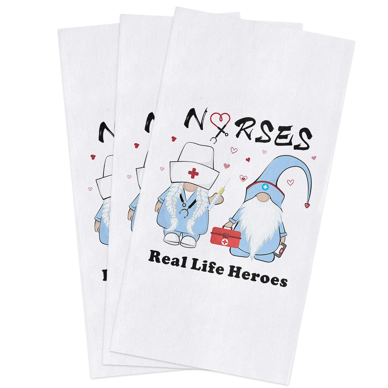 Kitchen Dish Towels 3 Pack-Super Absorbent Soft Microfiber,Nurse Real Life Heroes Gnome Nurses Cleaning Dishcloth Hand Towels Tea Towels for Kitchen Bathroom Bar