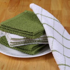 AMOUR INFINI Bundle Pack of 4 Terry Dish Towels + 8 Dish Cloths Ultra Soft and Absorbent Kitchen Towel & Dishcloth Combo (Green)