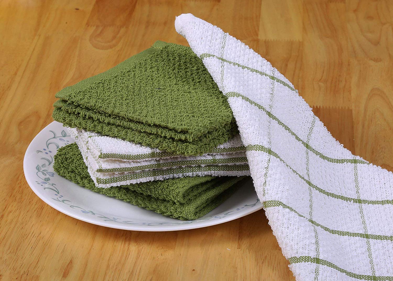 AMOUR INFINI Bundle Pack of 4 Terry Dish Towels + 8 Dish Cloths Ultra Soft and Absorbent Kitchen Towel & Dishcloth Combo (Green)