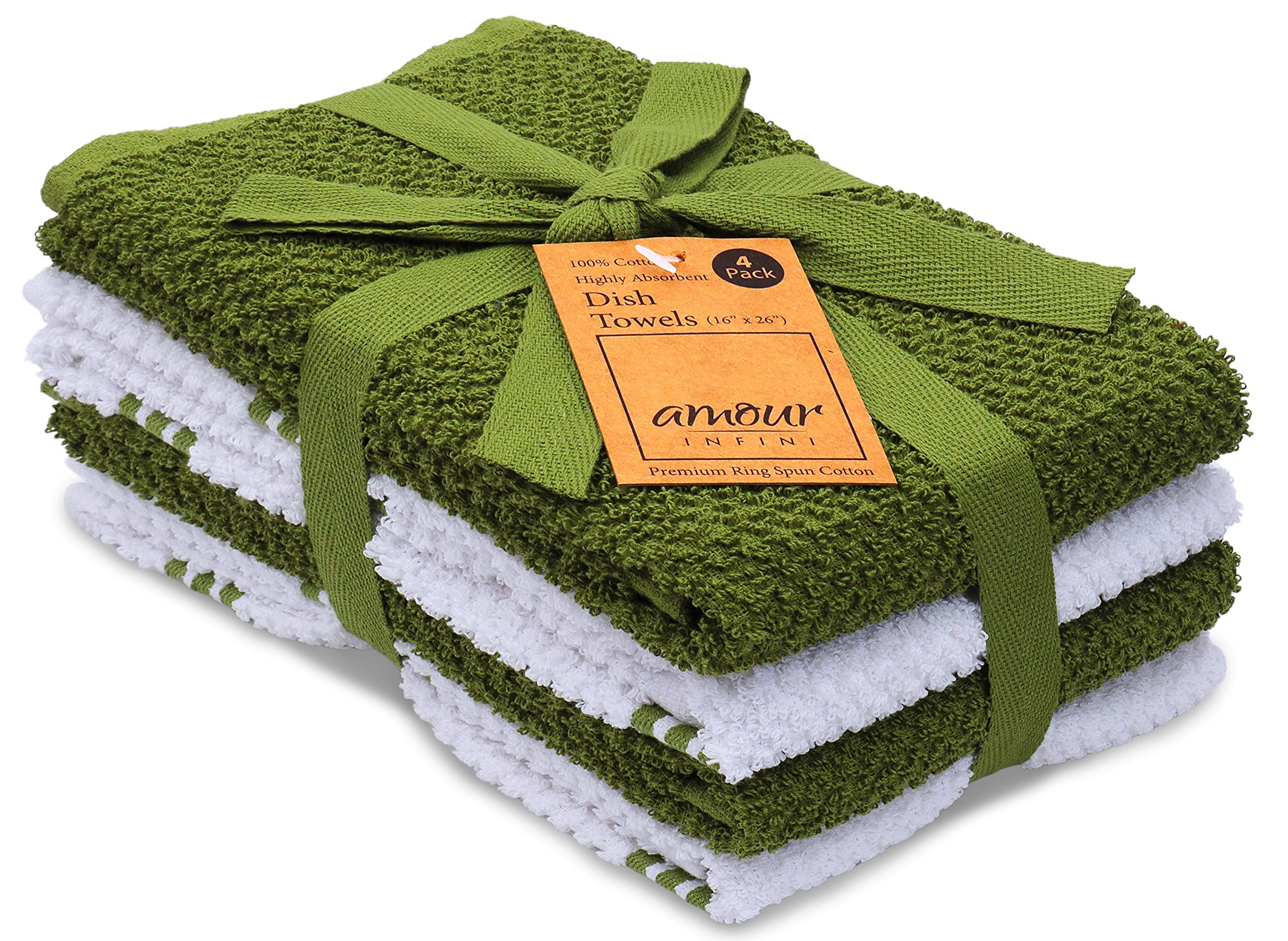 AMOUR INFINI Bundle Pack of 4 Terry Dish Towels + 8 Dish Cloths Ultra Soft and Absorbent Kitchen Towel & Dishcloth Combo (Green)