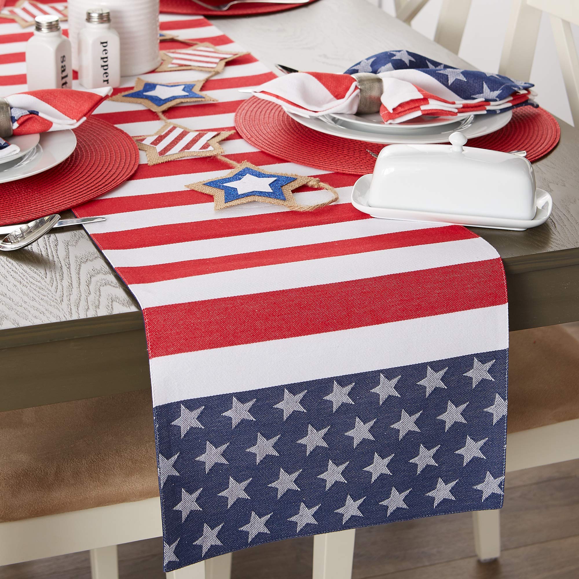 DII 4th of July Stars & Stripes Tabletop Collection Table Runner, 14x72, Red, White, & Blue