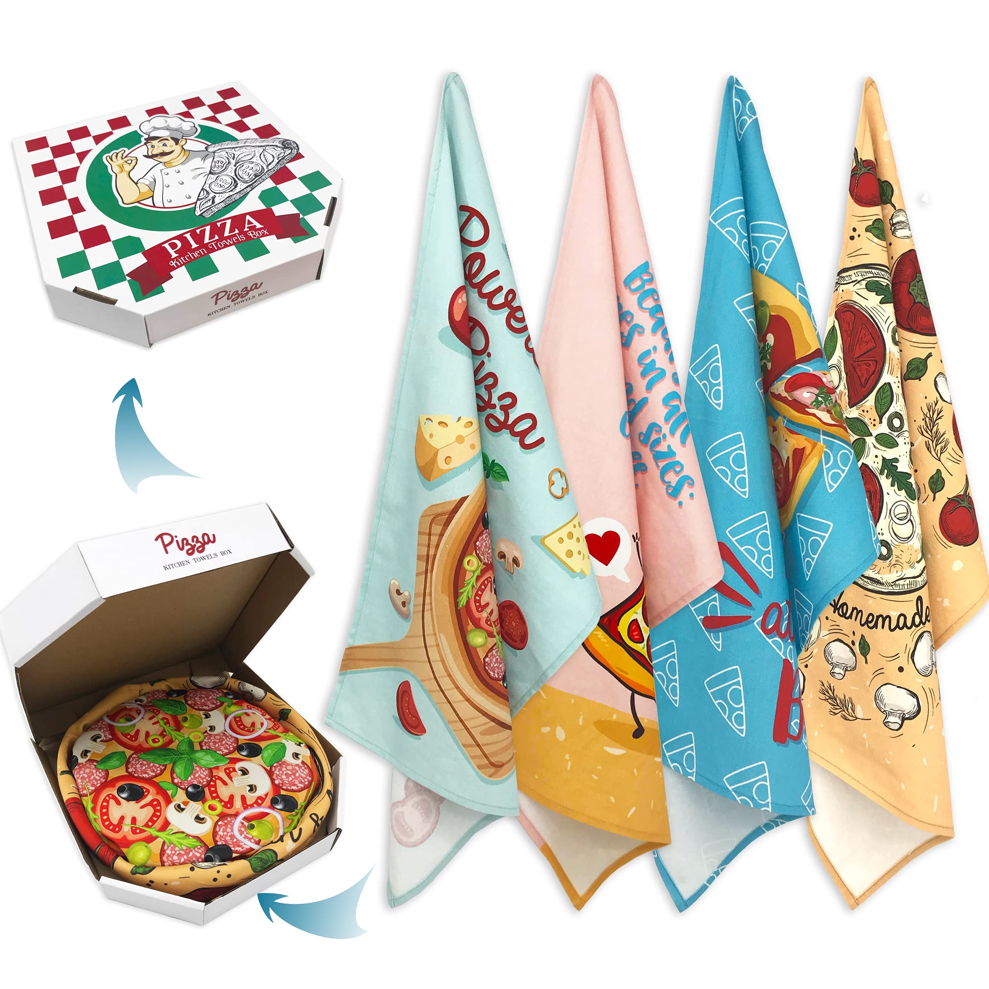 Eleville Funny Kitchen Towels Set of 4 Pizza Theme Stylish Dish Towels Set Kitchen Hand Towels Decorative Dish Towels Housewarming Holiday for Mom and Friends KTN006