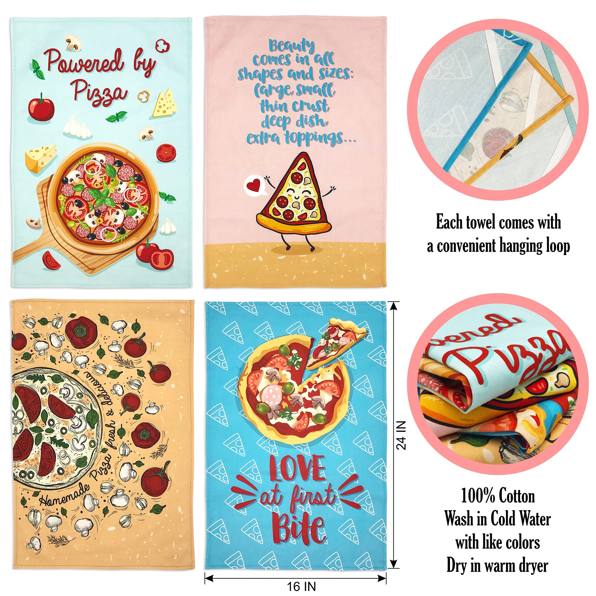 Eleville Funny Kitchen Towels Set of 4 Pizza Theme Stylish Dish Towels Set Kitchen Hand Towels Decorative Dish Towels Housewarming Holiday for Mom and Friends KTN006