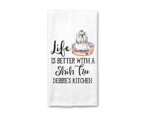 canary road life is better with a shih tzu kitchen towel, personalized shih tzu tea towel, shih tzu owner, dog hand towel, dog lover gift, shih tzu decor