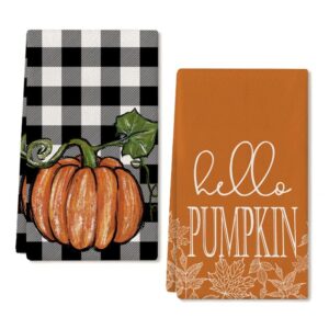 fall dish towels for fall decor watercolor pumpkin maple leaves kitchen towels 18x26 inch buffalo plaid autumn thanksgiving ultra absorbent bar drying cloth tea sign hand towel for cooking set of 2