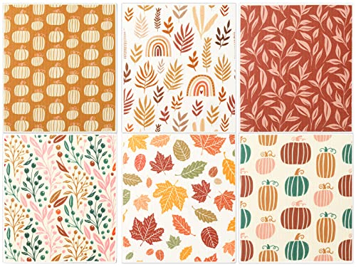 Whaline 6Pcs Thanksgiving Swedish Dishcloths Fall Harvest Boho Kitchen Dish Towel Pumpkin Maple Leaf Reusable Washable Cotton Cloth for Autumn Kitchen Washing Counter Cleaning, 6.7 x 7.7 Inch