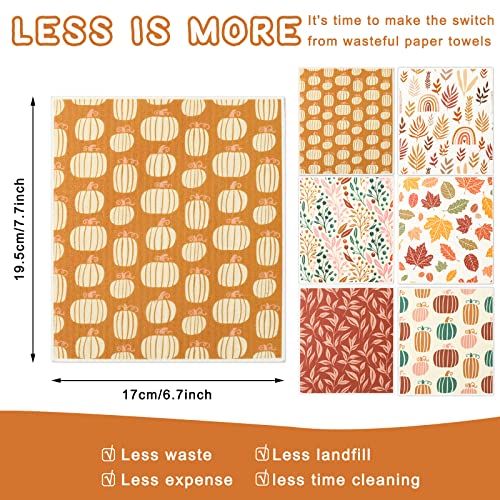 Whaline 6Pcs Thanksgiving Swedish Dishcloths Fall Harvest Boho Kitchen Dish Towel Pumpkin Maple Leaf Reusable Washable Cotton Cloth for Autumn Kitchen Washing Counter Cleaning, 6.7 x 7.7 Inch