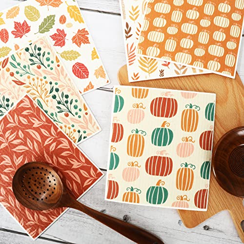 Whaline 6Pcs Thanksgiving Swedish Dishcloths Fall Harvest Boho Kitchen Dish Towel Pumpkin Maple Leaf Reusable Washable Cotton Cloth for Autumn Kitchen Washing Counter Cleaning, 6.7 x 7.7 Inch