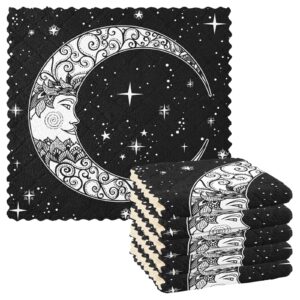 Vintage Hand Drawn Retro Face of The Moon Stars on Black 6 Set Kitchen Dish Towels, Washcloths Cleaning Cloths Dish Cloths, Absorbent Towels Lint Free Bar Tea Soft Waffle Towel 11"x11"