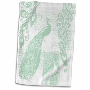 3d rose mint green vintage peacock-birds hand/sports towel, 15 x 22