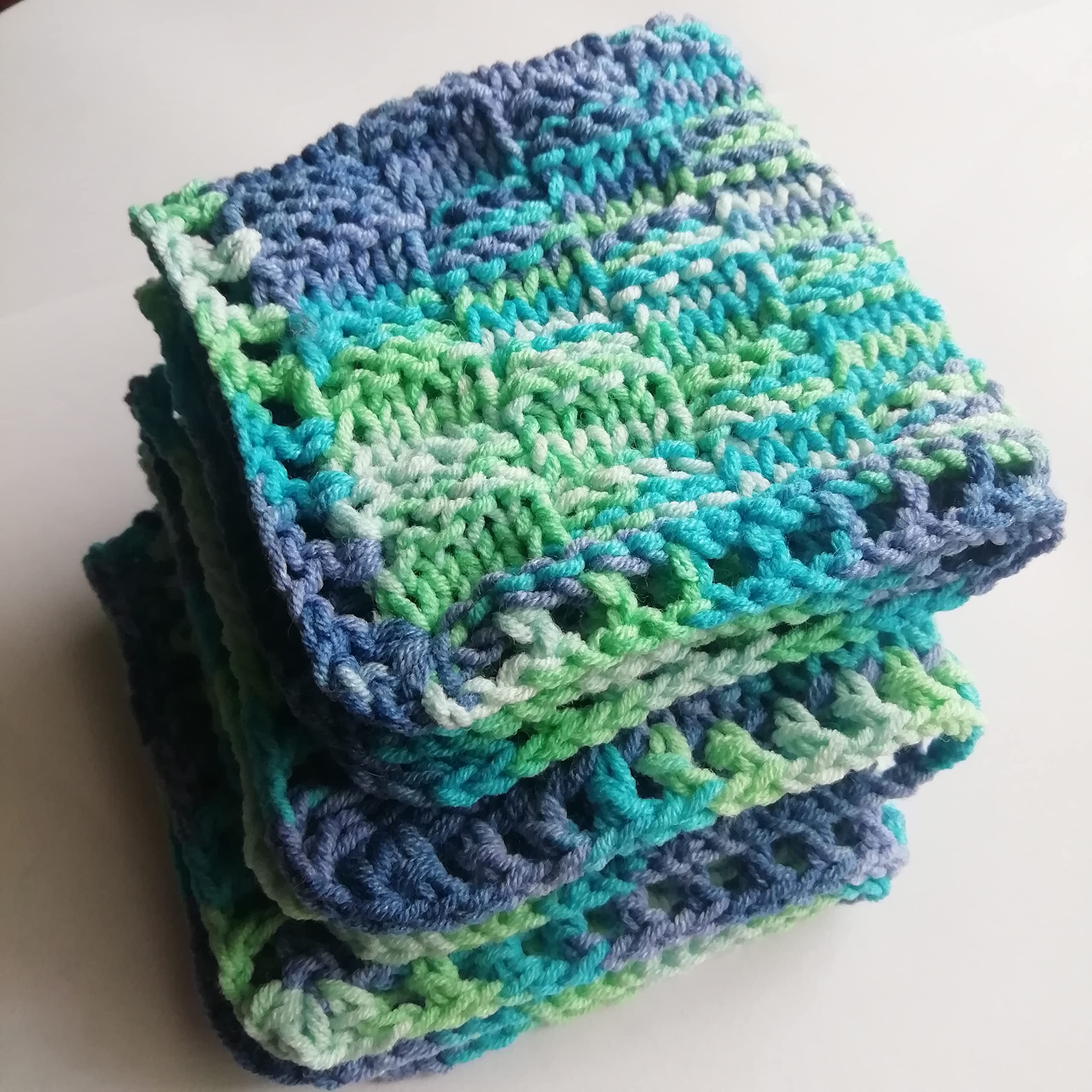 Cotton colorful dishcloth set of 3, Knitted absorbent bright mini towels Dark blue-light green crochet square rags ecology