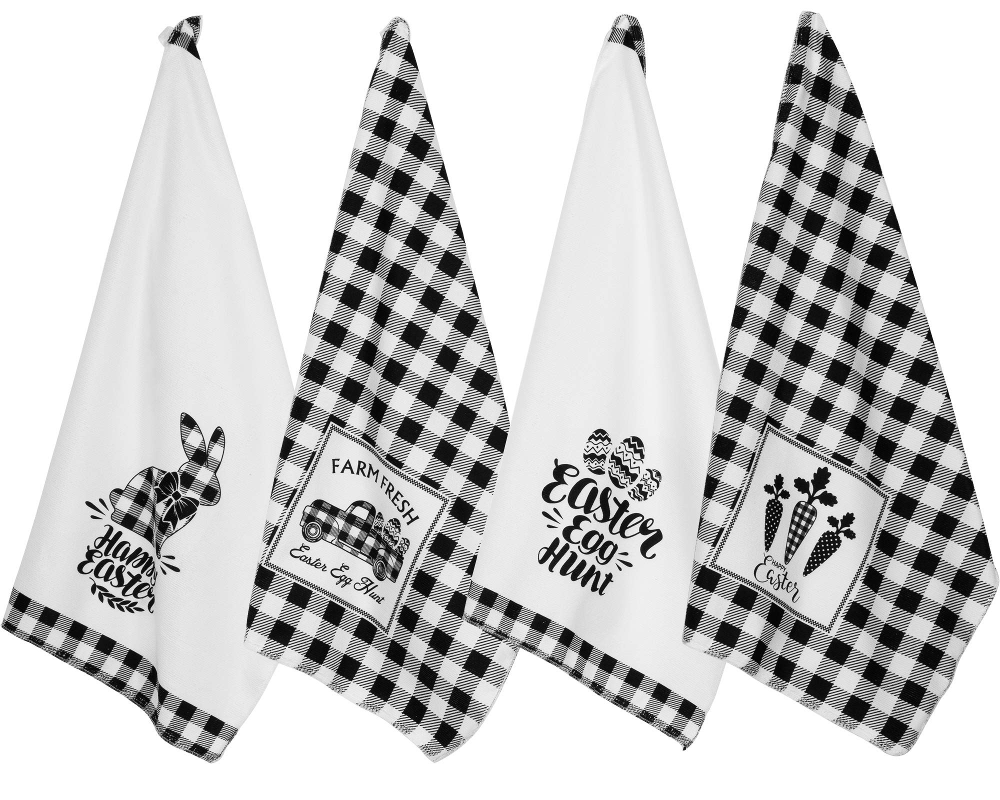 Whaline Easter Kitchen Towel Black White Dish Towel Happy Easter Plaid Dishcloth Large Tea Towel Decorative Spring Cloth Towel for Easter Home Kitchen Coking Baking, 4 Designs, 28 x 18