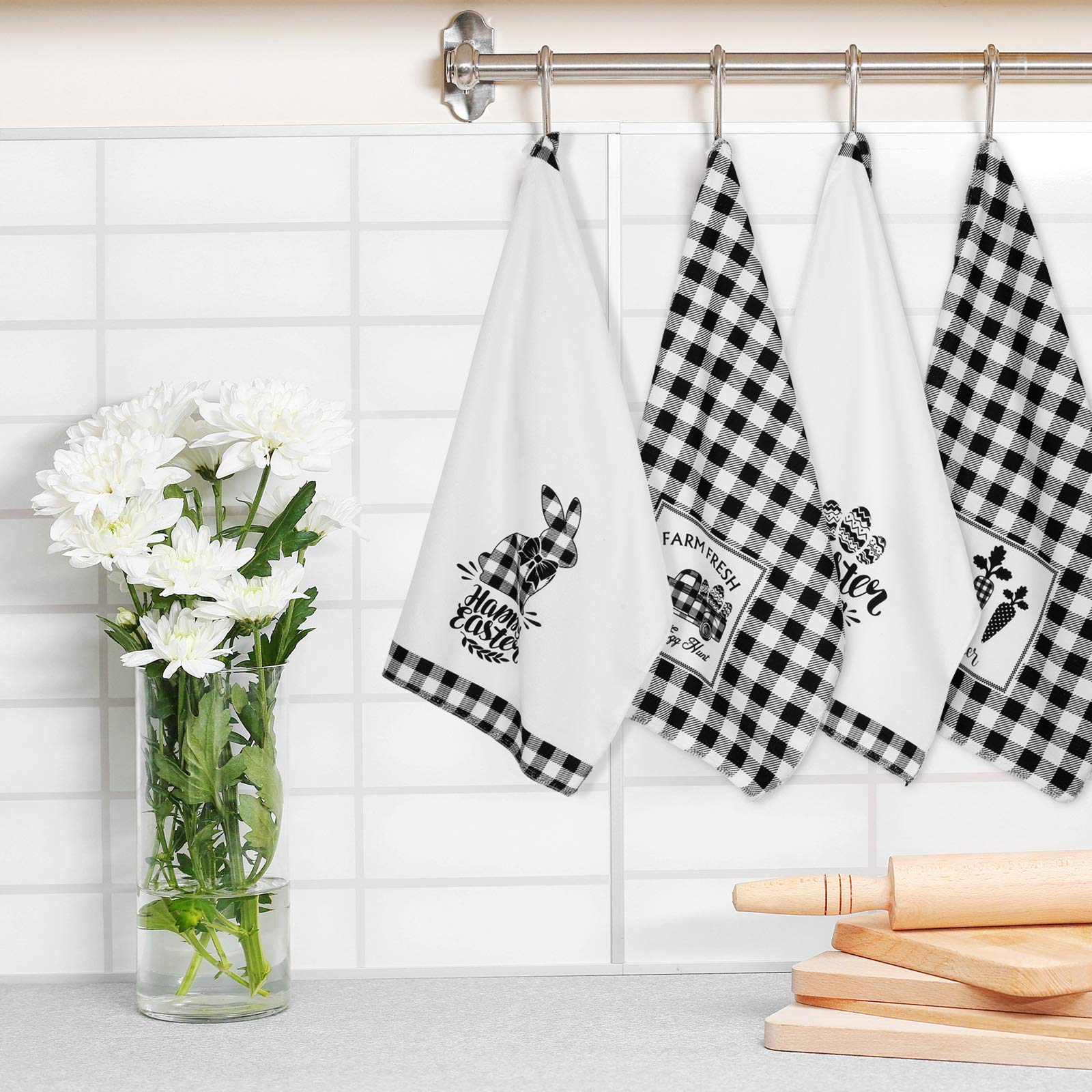 Whaline Easter Kitchen Towel Black White Dish Towel Happy Easter Plaid Dishcloth Large Tea Towel Decorative Spring Cloth Towel for Easter Home Kitchen Coking Baking, 4 Designs, 28 x 18