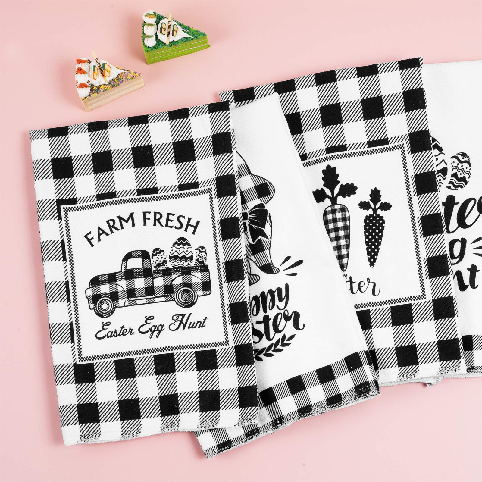 Whaline Easter Kitchen Towel Black White Dish Towel Happy Easter Plaid Dishcloth Large Tea Towel Decorative Spring Cloth Towel for Easter Home Kitchen Coking Baking, 4 Designs, 28 x 18