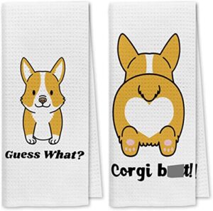 dibor guess what corgi kitchen towels dish towels dishcloth,cute corgi decorative absorbent drying cloth hand towels tea towels for bathroom kitchen,dog lovers girls women gift(set of 2)