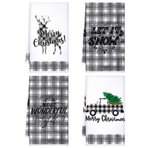 buryeah 4 pcs christmas kitchen towels dish towels xmas deer truck farmhouse dishcloth absorbent winter hand towel holiday tea cloth towel for cooking seasonal decor housewarming gift (vintage style)