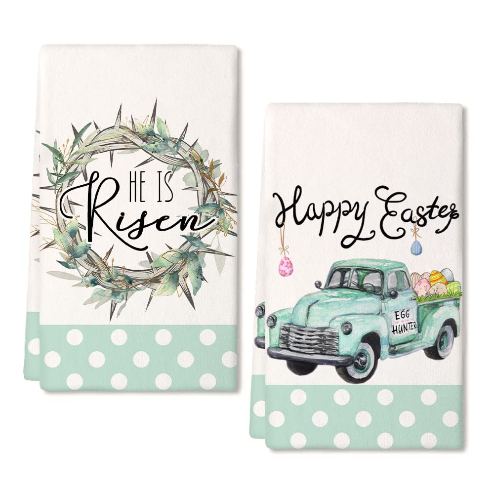 Easter Kitchen Towels for Easter Decor Peppermint Green Truck Dish Towels 18x26 Inch Ultra Absorbent Bar Drying Cloth Happy Easter Hand Towel for Kitchen Bathroom Party Easter Decorations Set of 2