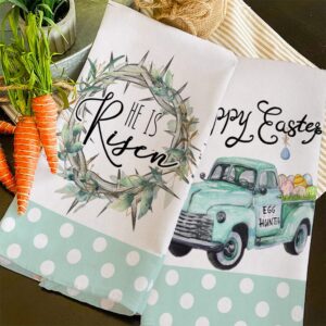 Easter Kitchen Towels for Easter Decor Peppermint Green Truck Dish Towels 18x26 Inch Ultra Absorbent Bar Drying Cloth Happy Easter Hand Towel for Kitchen Bathroom Party Easter Decorations Set of 2