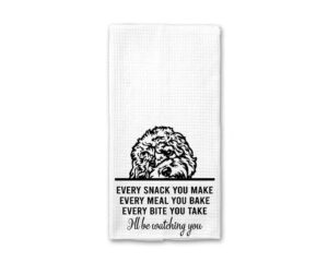 htdesigns cavapoo dog, tea towel, every snack you make, every bite you take, kitchen decor, dish towels, cavapoo dog mom, cavapoo gifts, waffle weave kitchen towel