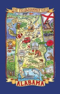 kay dee alabama tea towel adventure destinations vacation souvenir pictorial poster style map kitchen towel, multicolor, 18 in x 28 in