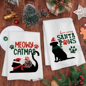 AnyDesign Christmas Kitchen Dish Towel Dog Cat Pet Lover Owner Gifts Funny Cute Xmas Hand Drying Tea Towels Ultra Absorbent Holiday Cloth Towel for Cooking Baking, 18 x 28 Inch, 2 Pack