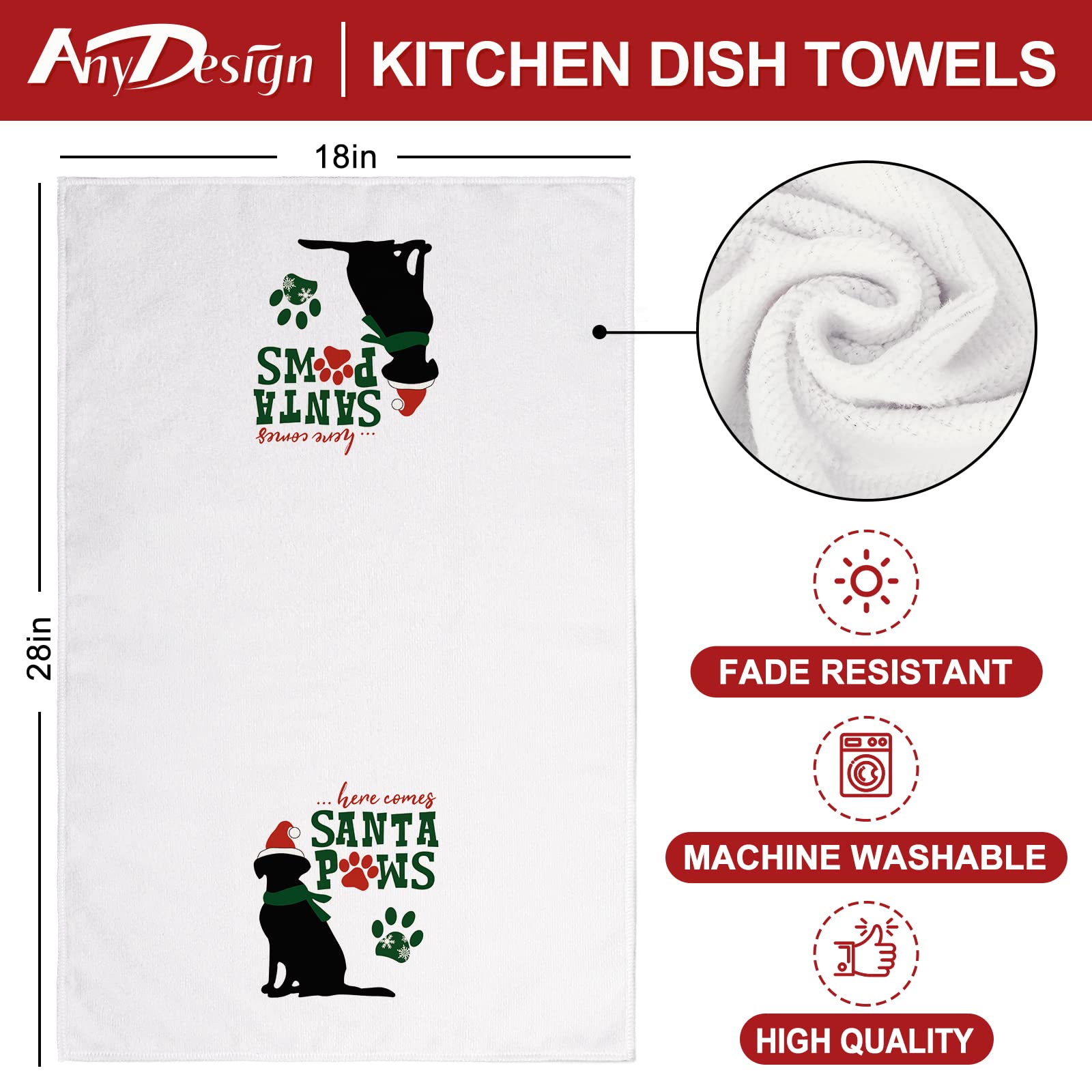 AnyDesign Christmas Kitchen Dish Towel Dog Cat Pet Lover Owner Gifts Funny Cute Xmas Hand Drying Tea Towels Ultra Absorbent Holiday Cloth Towel for Cooking Baking, 18 x 28 Inch, 2 Pack