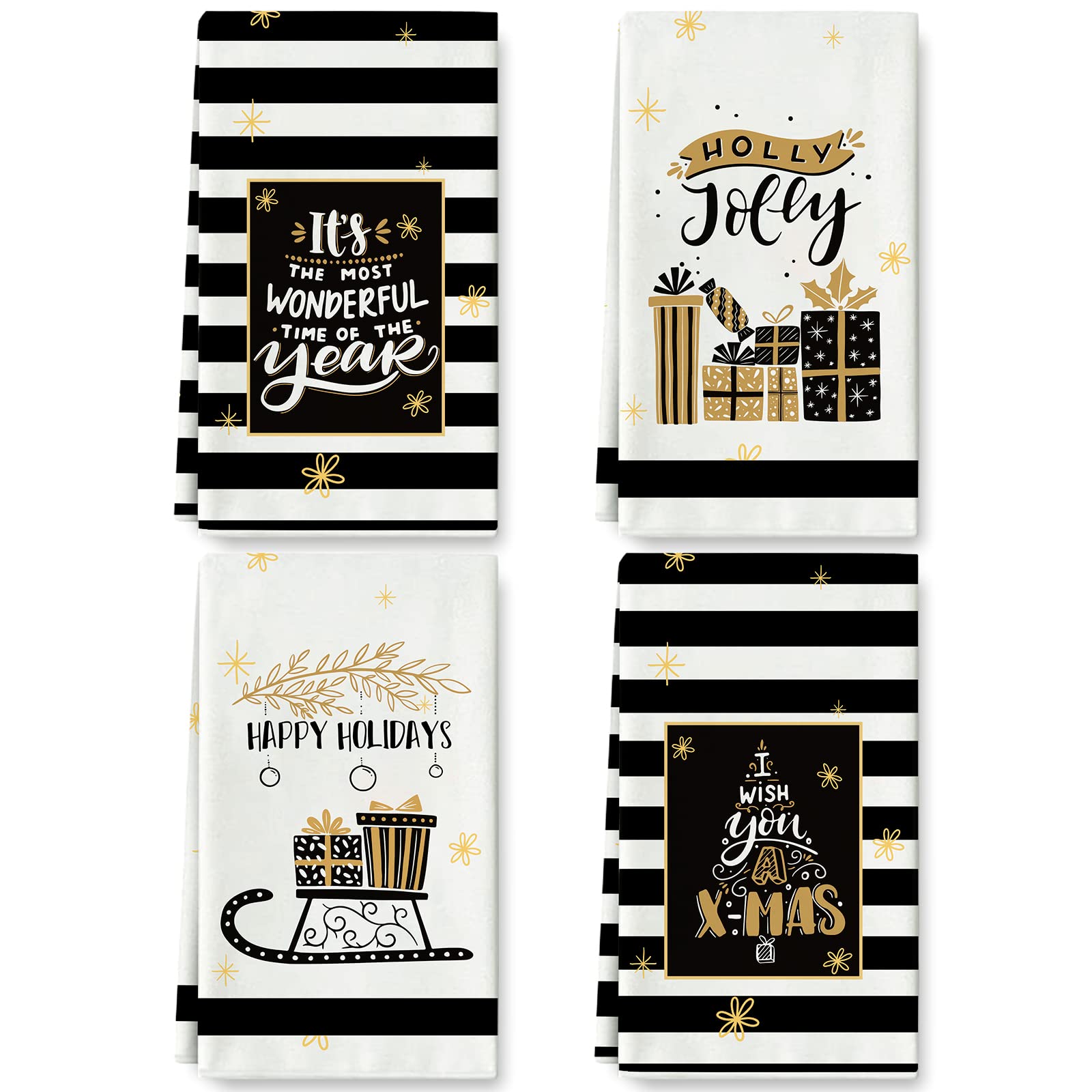 AnyDesign Christmas Kitchen Towel Black White Stripe Dish Towel Gold Snowflake Happy Holiday Tea Towel 18 x 28 Inch Farmhouse Hand Drying Towel for Cooking Baking, Set of 4