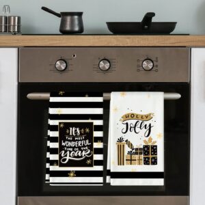 AnyDesign Christmas Kitchen Towel Black White Stripe Dish Towel Gold Snowflake Happy Holiday Tea Towel 18 x 28 Inch Farmhouse Hand Drying Towel for Cooking Baking, Set of 4